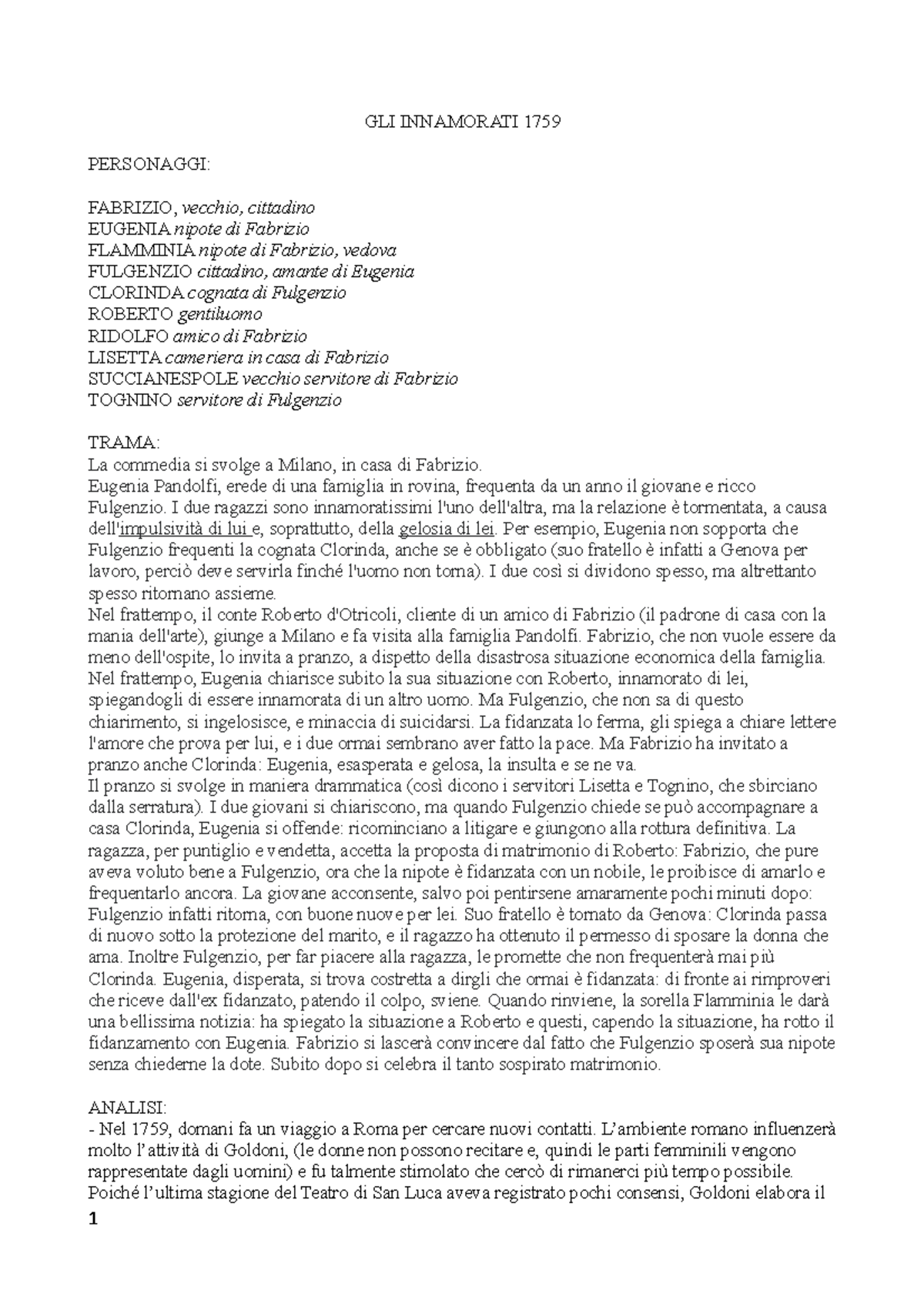 Goldoni - Gli innamorati - Letteratura italiana - uniroma1 - Studocu