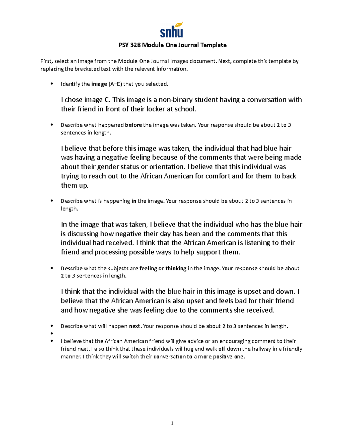 PSY 328 Module One Journal - Next, complete this template by replacing the bracketed text with ...
