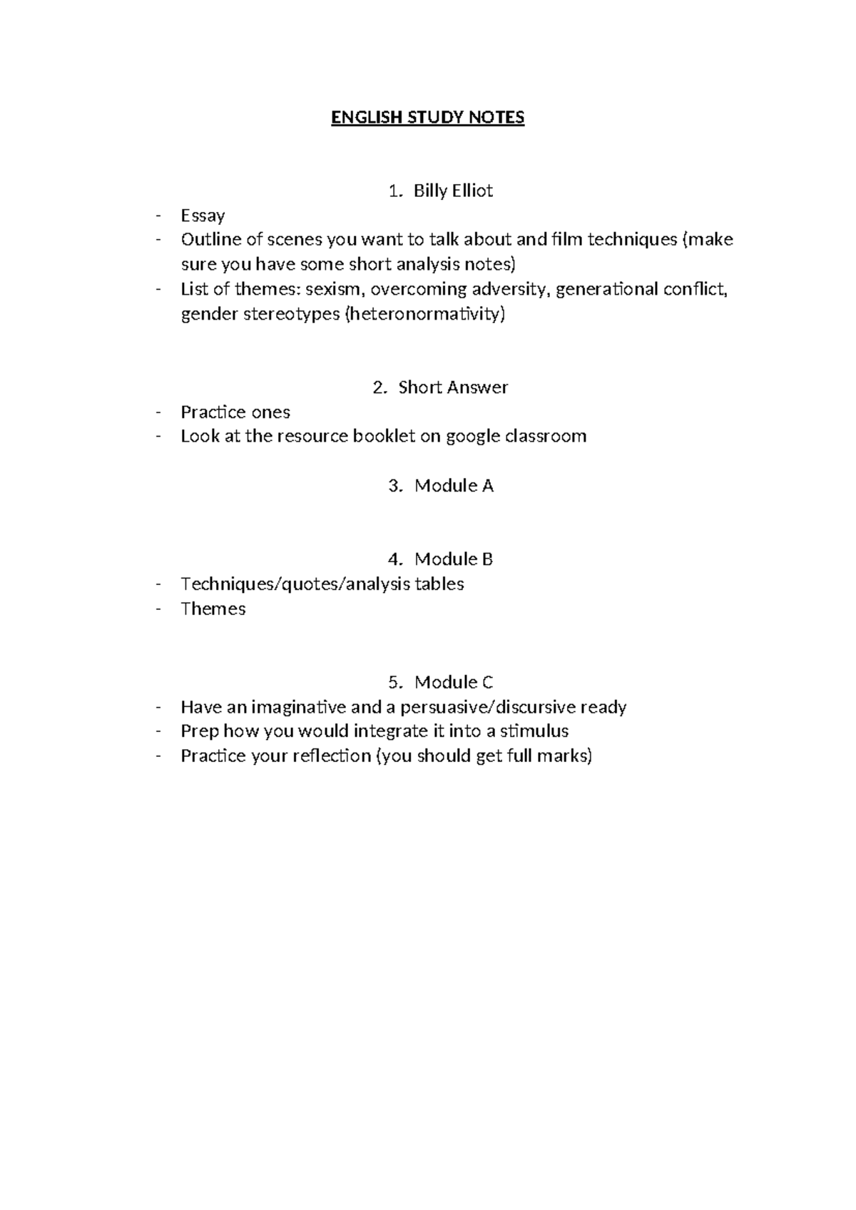 English Study Notes - ENGLISH STUDY NOTES Billy Elliot Essay Outline of ...