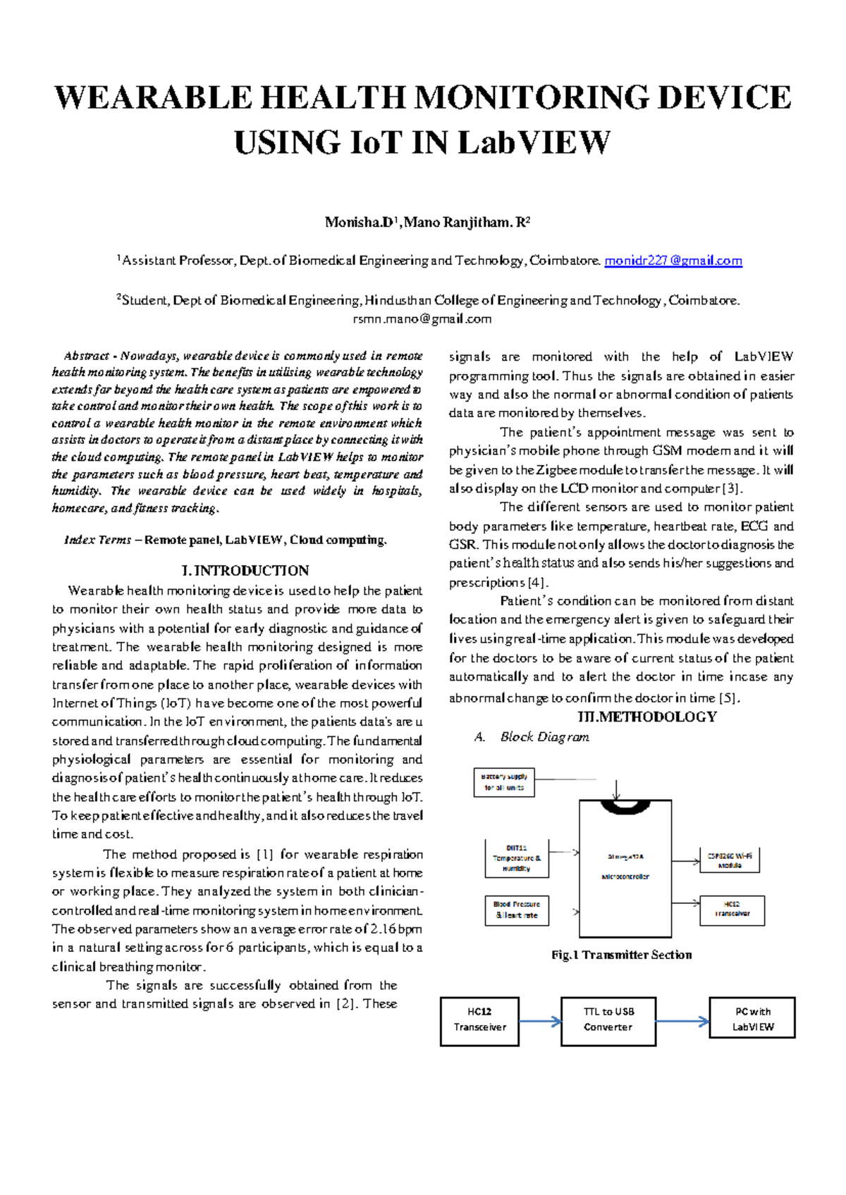 Conference paper - WEARABLE HEALTH MONITORING DEVICE USING IoT IN LabVIEW Monisha 1 , Mano - Studocu