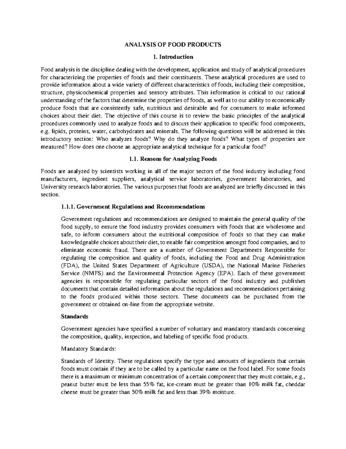 Analysis OF FOOD Products - ANALYSIS OF FOOD PRODUCTS Introduction Food ...