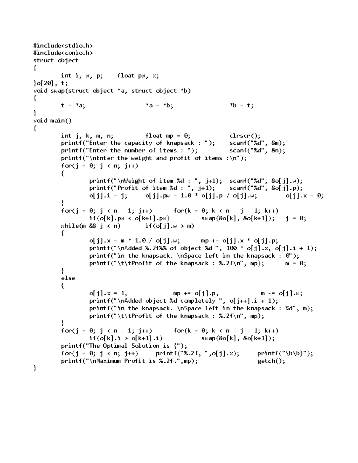 FKNP-BUB-STR - #include #include struct object { int i, w, p; float pw ...