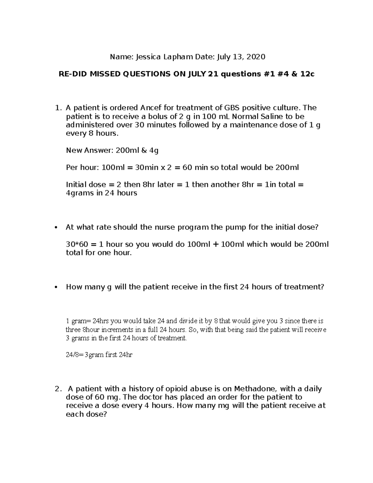 OB math calculations Jessica Lampan Section 1 - Name: Jessica Lapham ...