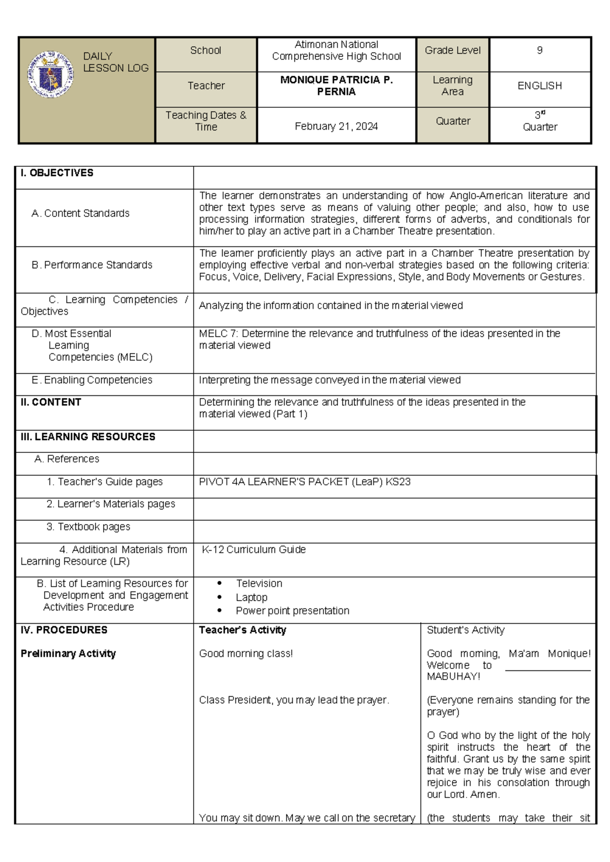 02-21-24 dll - sample dll - DAILY LESSON LOG School Atimonan National ...