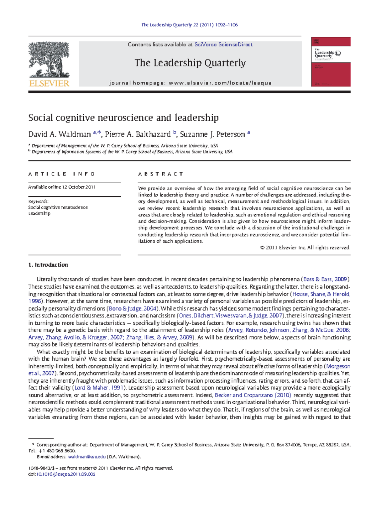 Articles on debate - Social cognitive neuroscience and leadership David ...