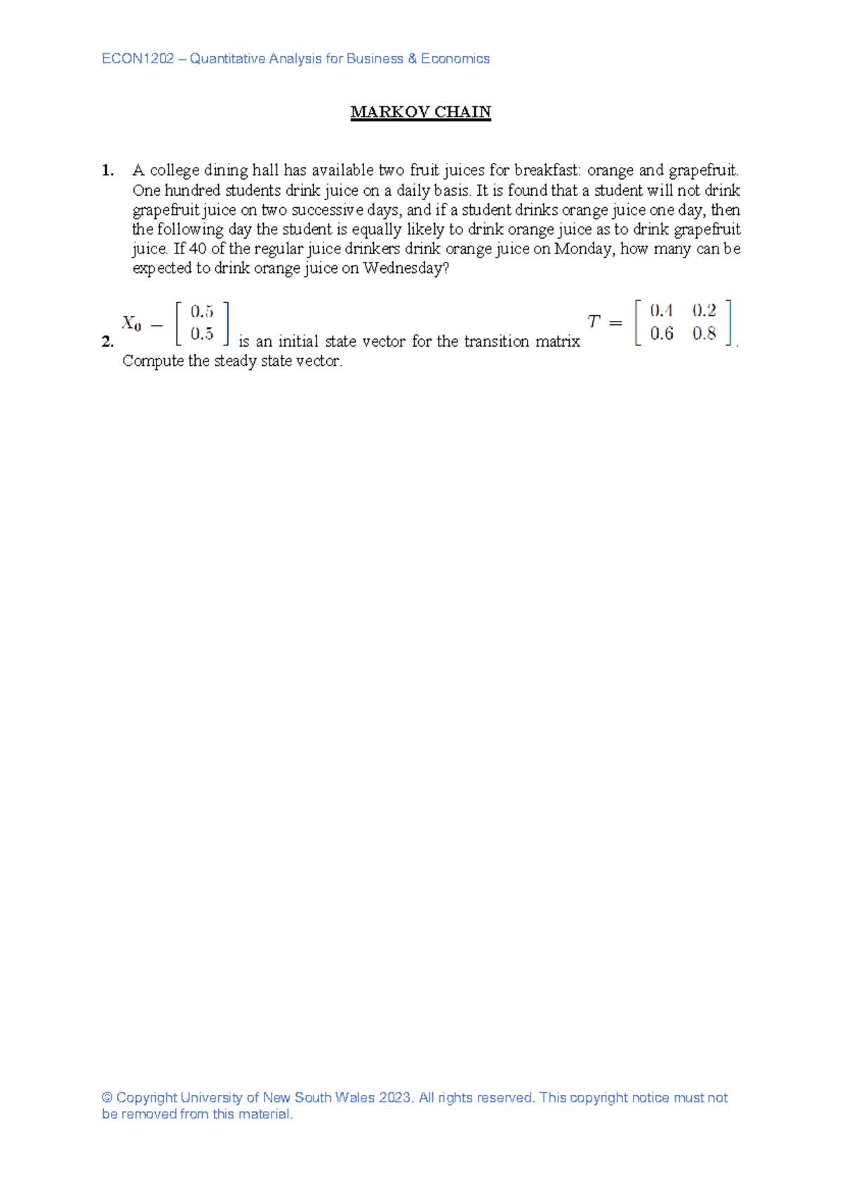 Markov Chain - Extra tutorial - ECON1202 – Quantitative Analysis for ...