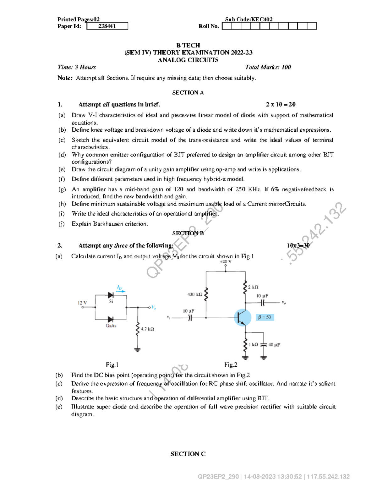 Btech ec 4 sem analog circuits kec 402 2023 - QP23EP2_ | 14-08-2023 13: ...