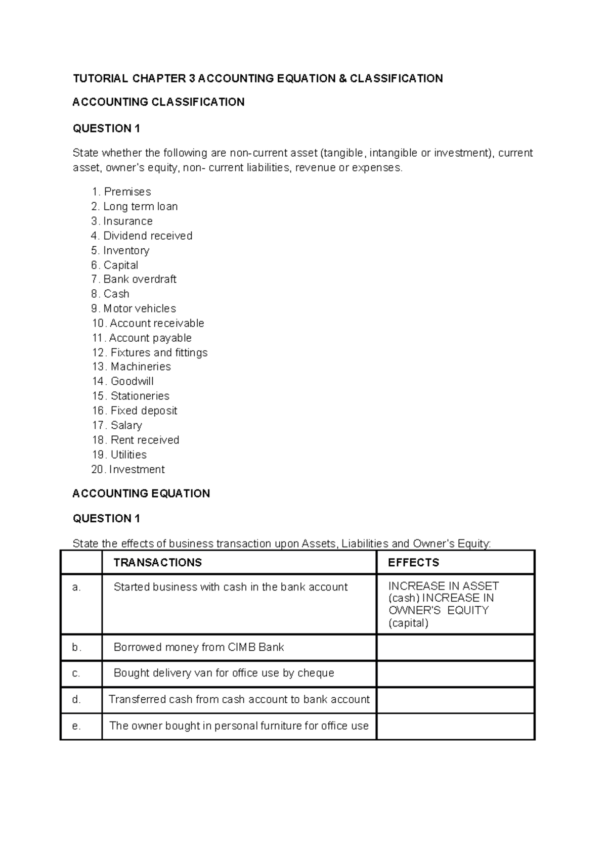 Tutorial Chapter 3 Accounting Equation Q - TUTORIAL CHAPTER 3 ACCOUNTING EQUATION & - Studocu
