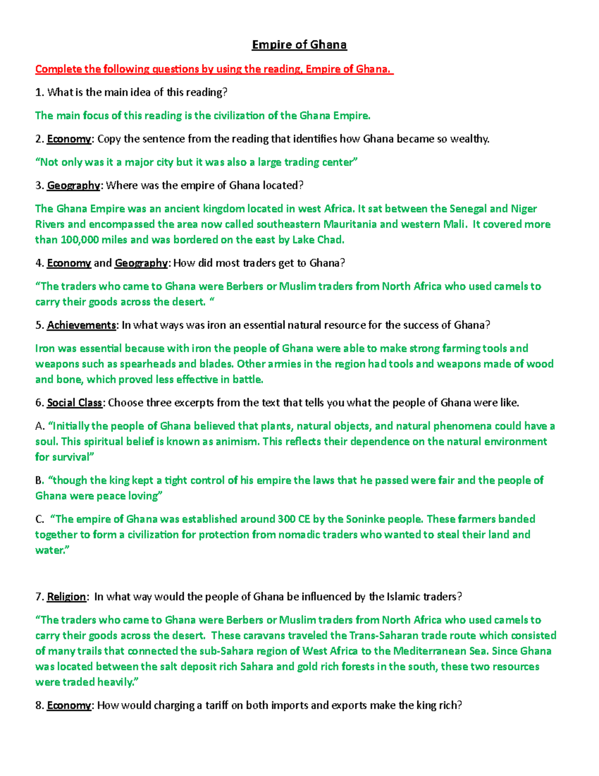 Text 2 Questions Empire of Ghana Turn in - Empire of Ghana Complete the ...
