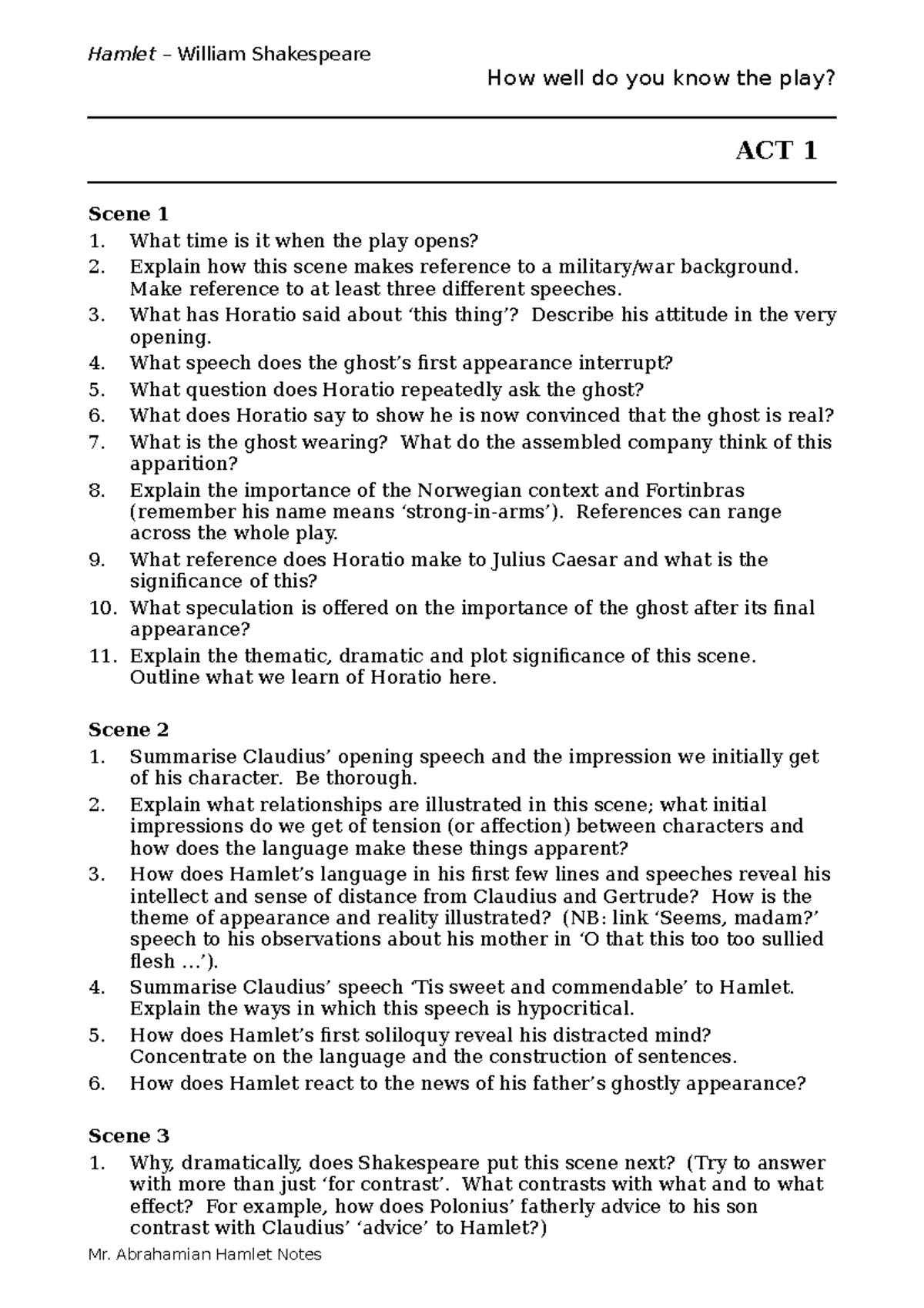 Hamlet revision questions - How well do you know the play? ACT 1 Scene ...