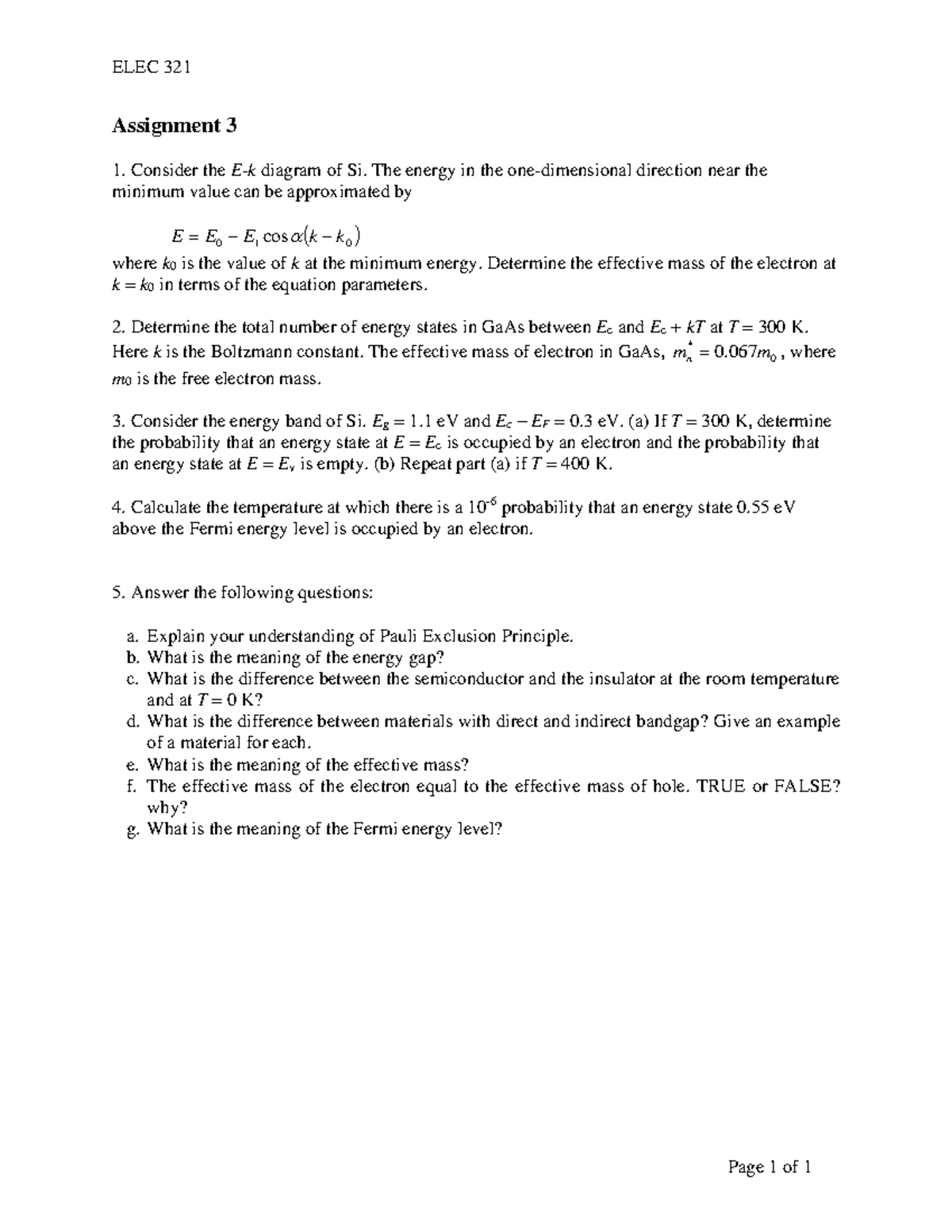 Assignment 3 - ELEC 321 Page 1 of 1 Assignment 3 Consider the E-k ...