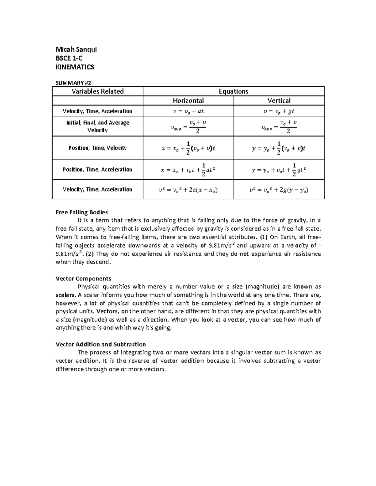 Kinematics- Summary 2 - Free Falling Bodies - Micah Sanqui BSCE 1-C ...
