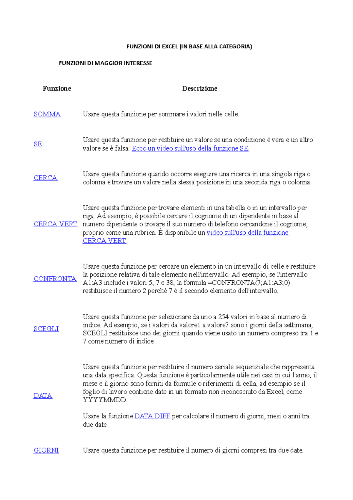 Appunti Funzioni DI Excel - FUNZIONI DI EXCEL (IN BASE ALLA CATEGORIA) FUNZIONI DI MAGGIOR ...