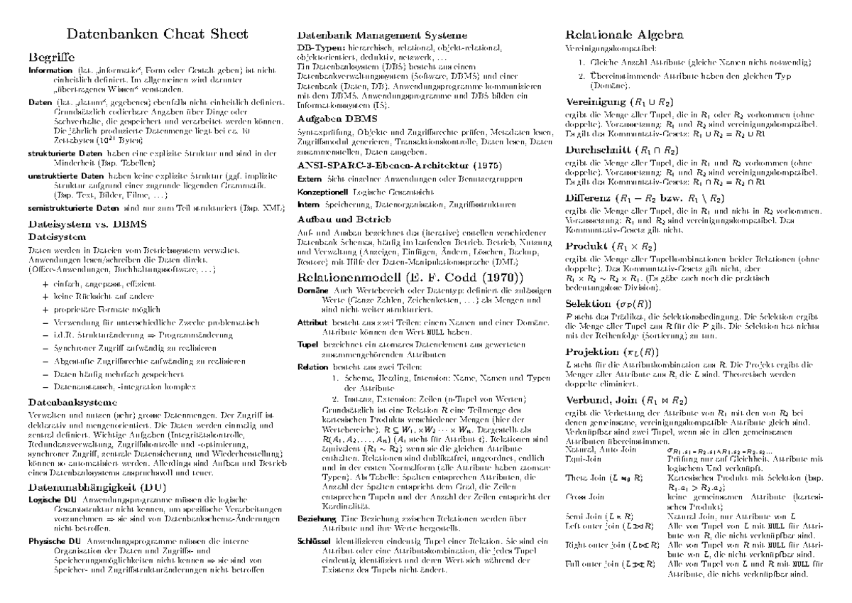 Summarynotes databases - Datenbanken Cheat Sheet Information ...
