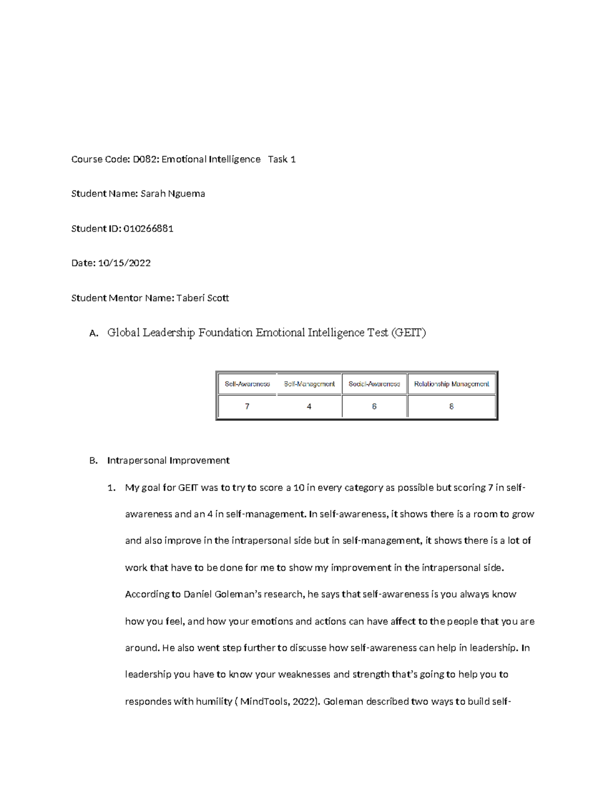 EI DO82 - class assignment describe business - Course Code: D082 ...