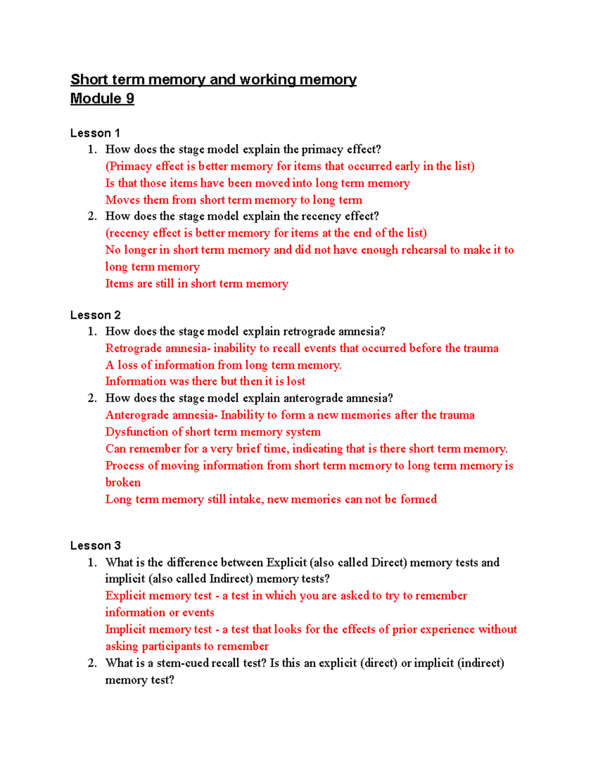 psychology Module 9 pg 1 - Short term memory and working memory Module ...