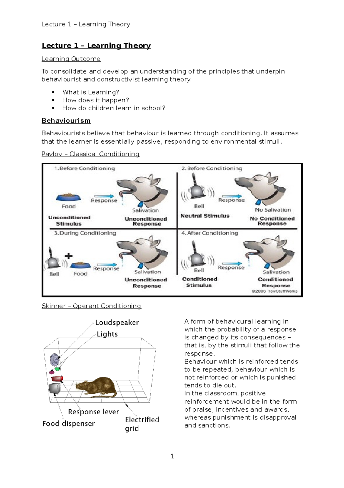 Introduction to Learning Theories - Lecture 1 – Learning Theory Learning Outcome To consolidate ...
