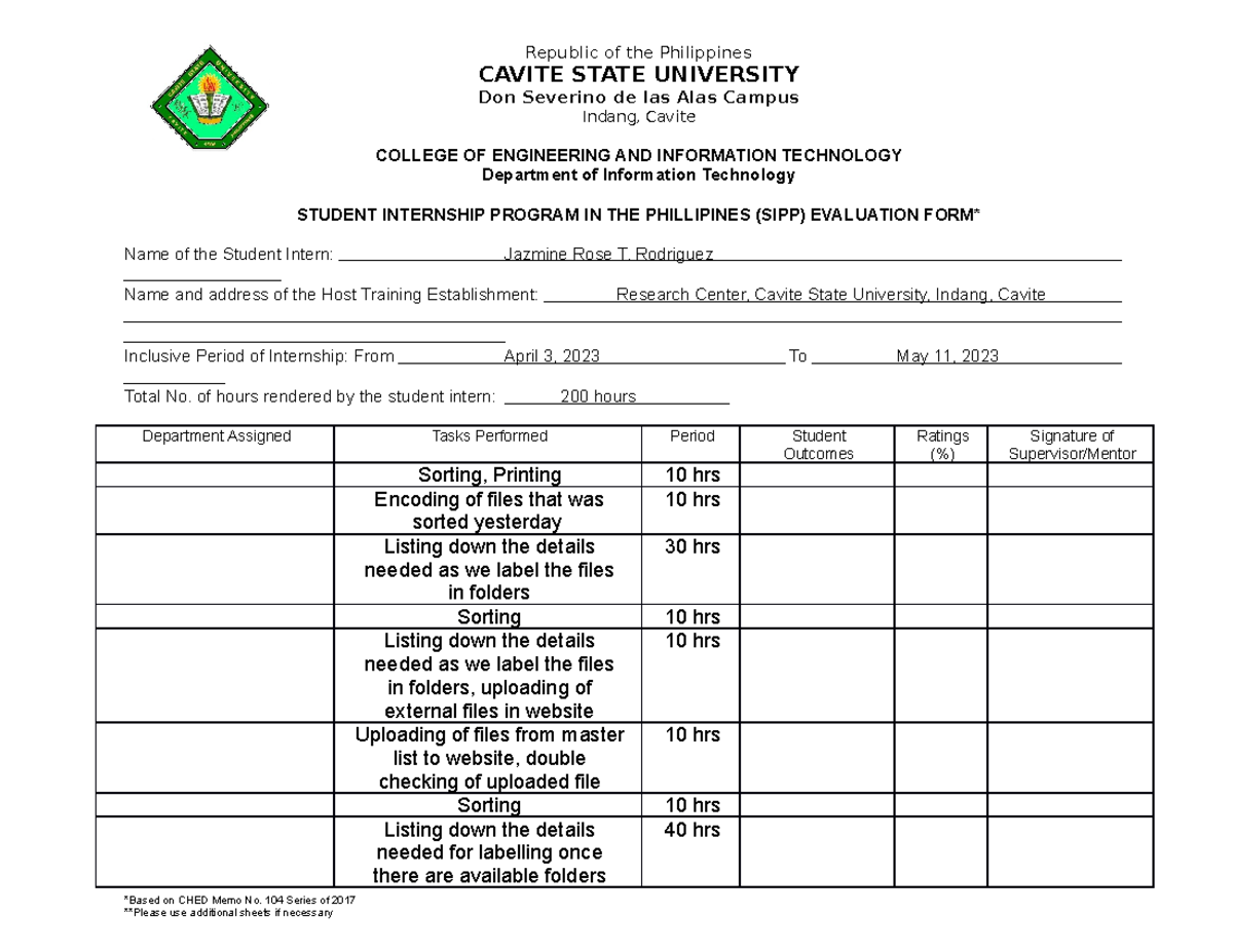 OJT FORM 7 Evaluation Form 2 - Republic of the Philippines CAVITE STATE ...