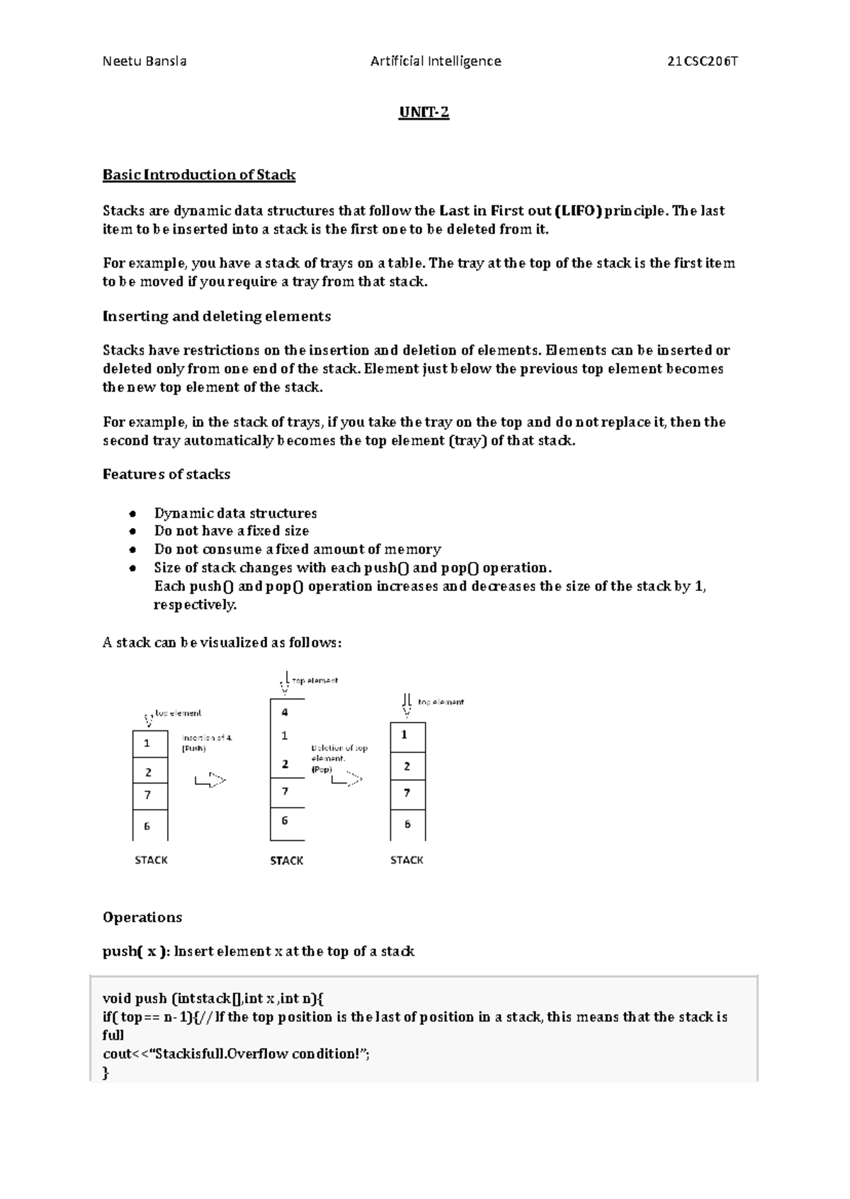 AI Notes Unit-2 - UNIT- Basic Introduction of Stack Stacks are dynamic ...