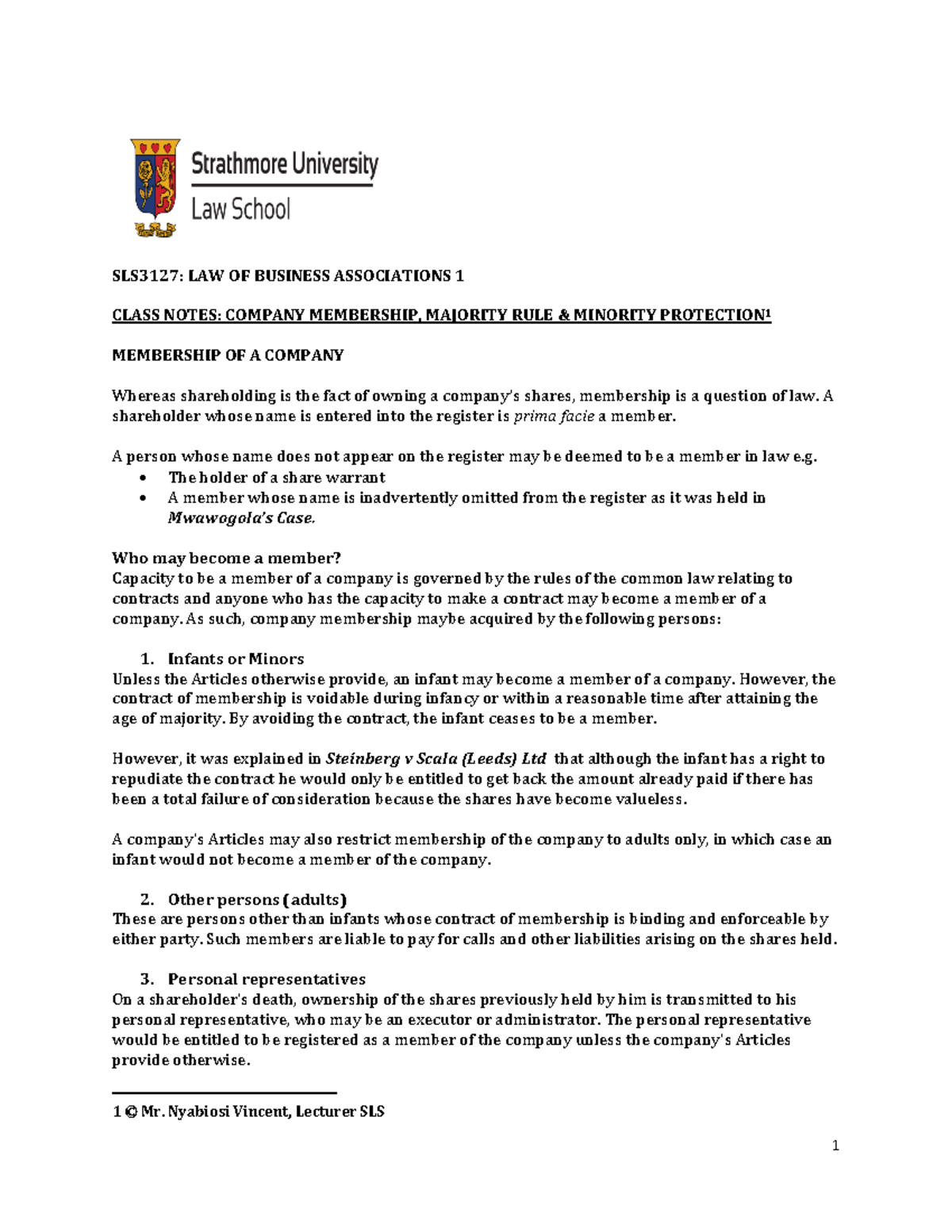 Chapter 7 - Company Membership, Majority Rule and Minority Protection ...