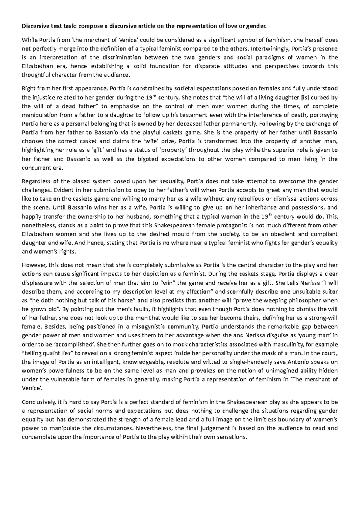 Discursive text - While Portia from ‘the merchant of Venice’ could be ...