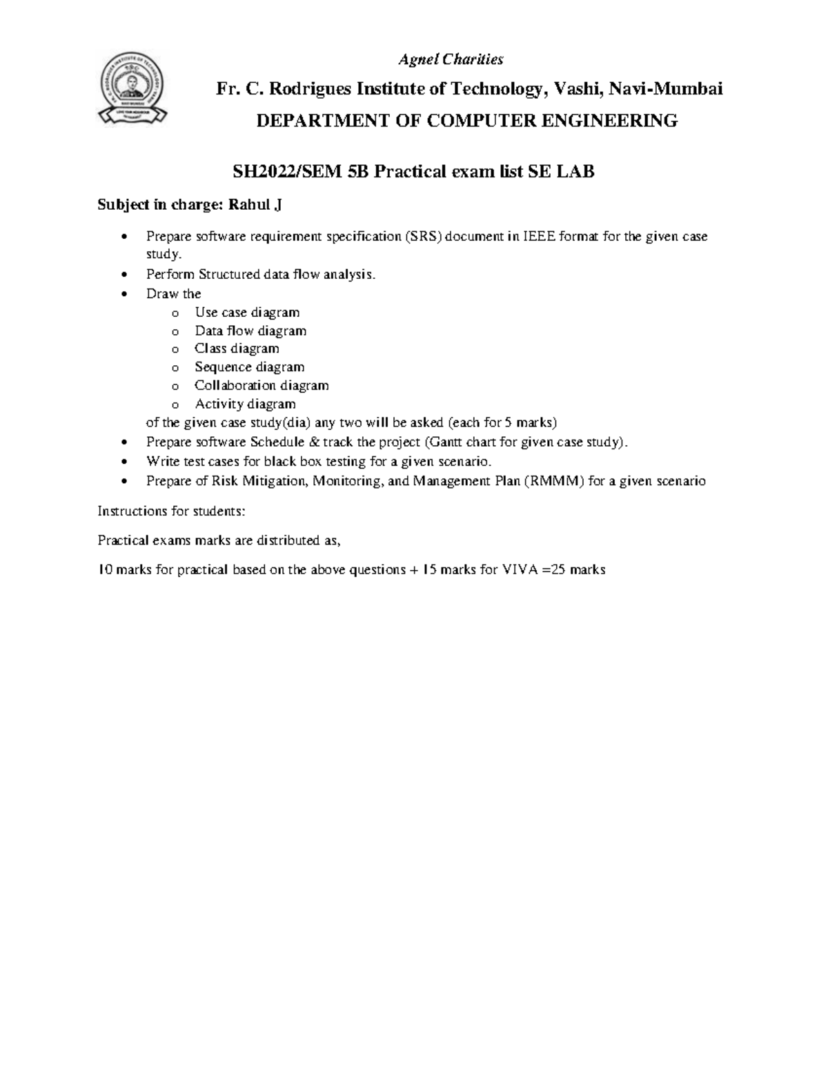 Practical exam list SE - Agnel Charities Fr. C. Rodrigues Institute of ...