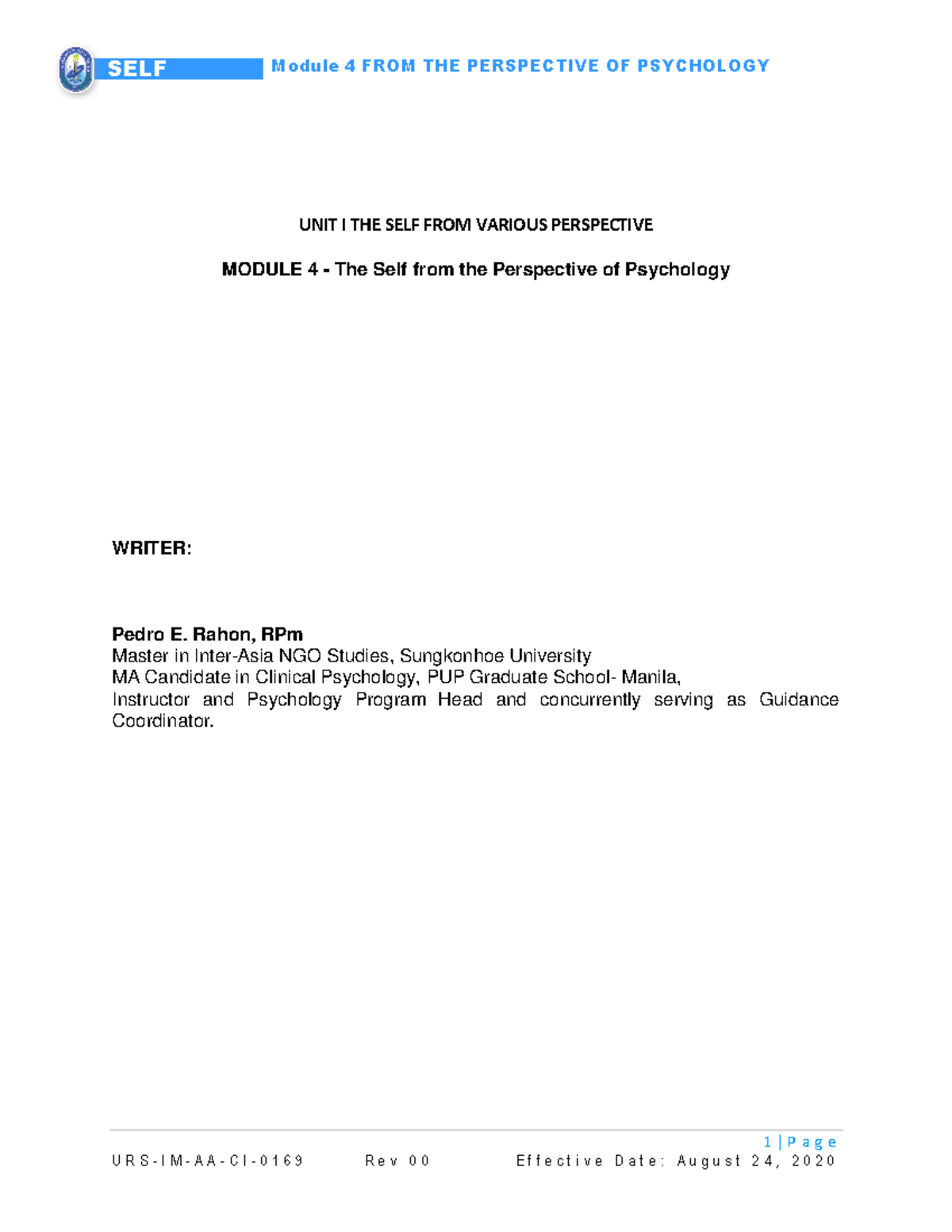 UTS Module 4 2020 - 1 | P a g e UNIT I THE SELF FROM VARIOUS ...