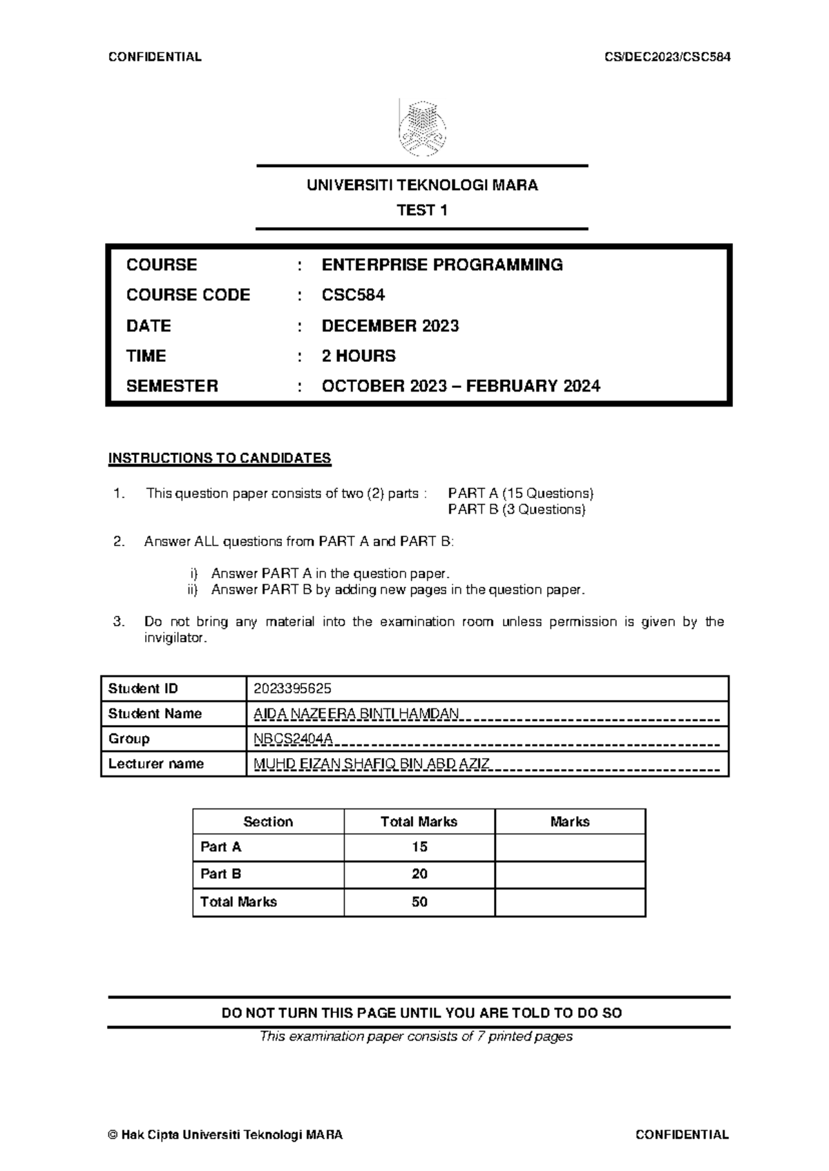 TEST 1 CSC584 NBCS240 - assessment - UNIVERSITI TEKNOLOGI MARA TEST 1 ...