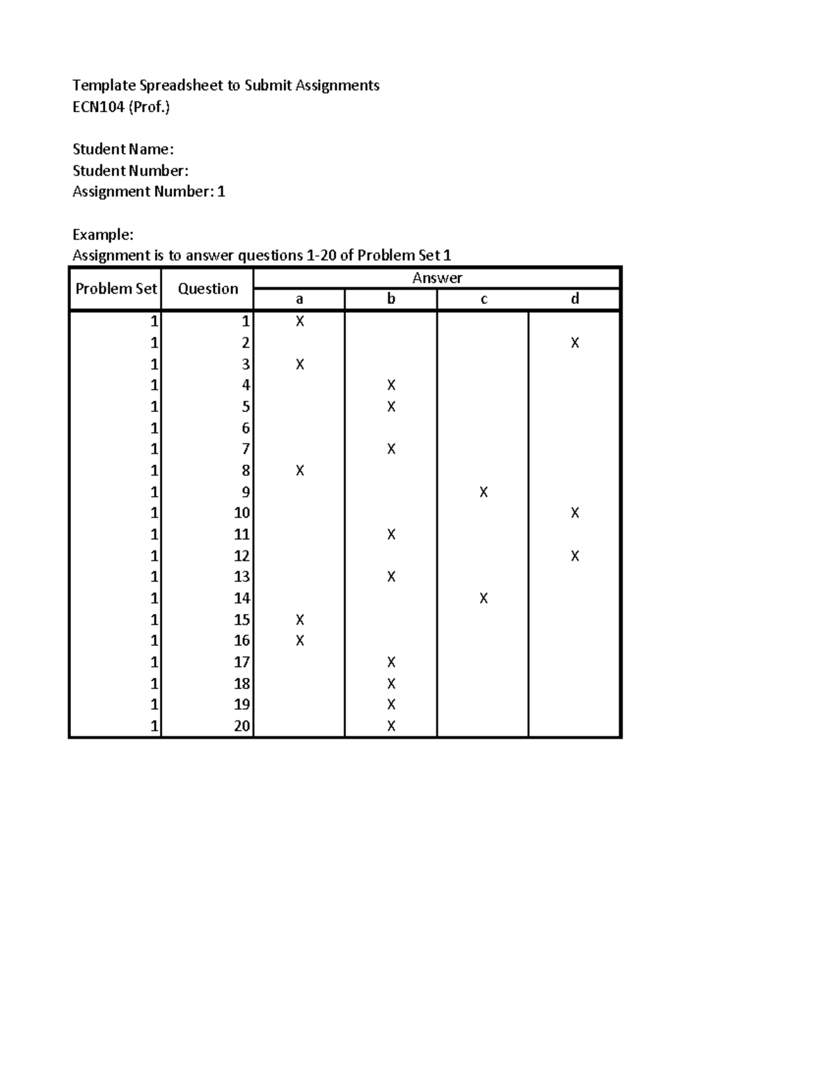 Econ Assignment 18 - ECN 104 - Template Spreadsheet to Submit Assignments ECN104 (Prof.) Student ...