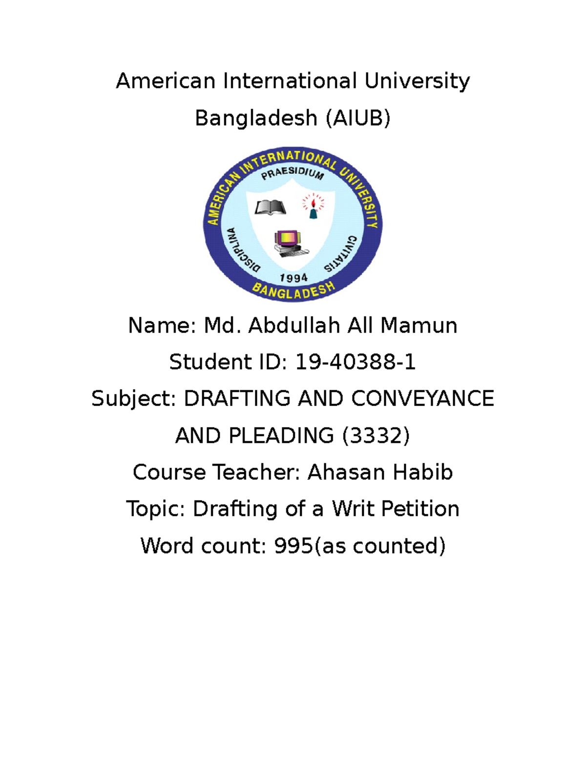 Drafting Final Assignment - American International University ...