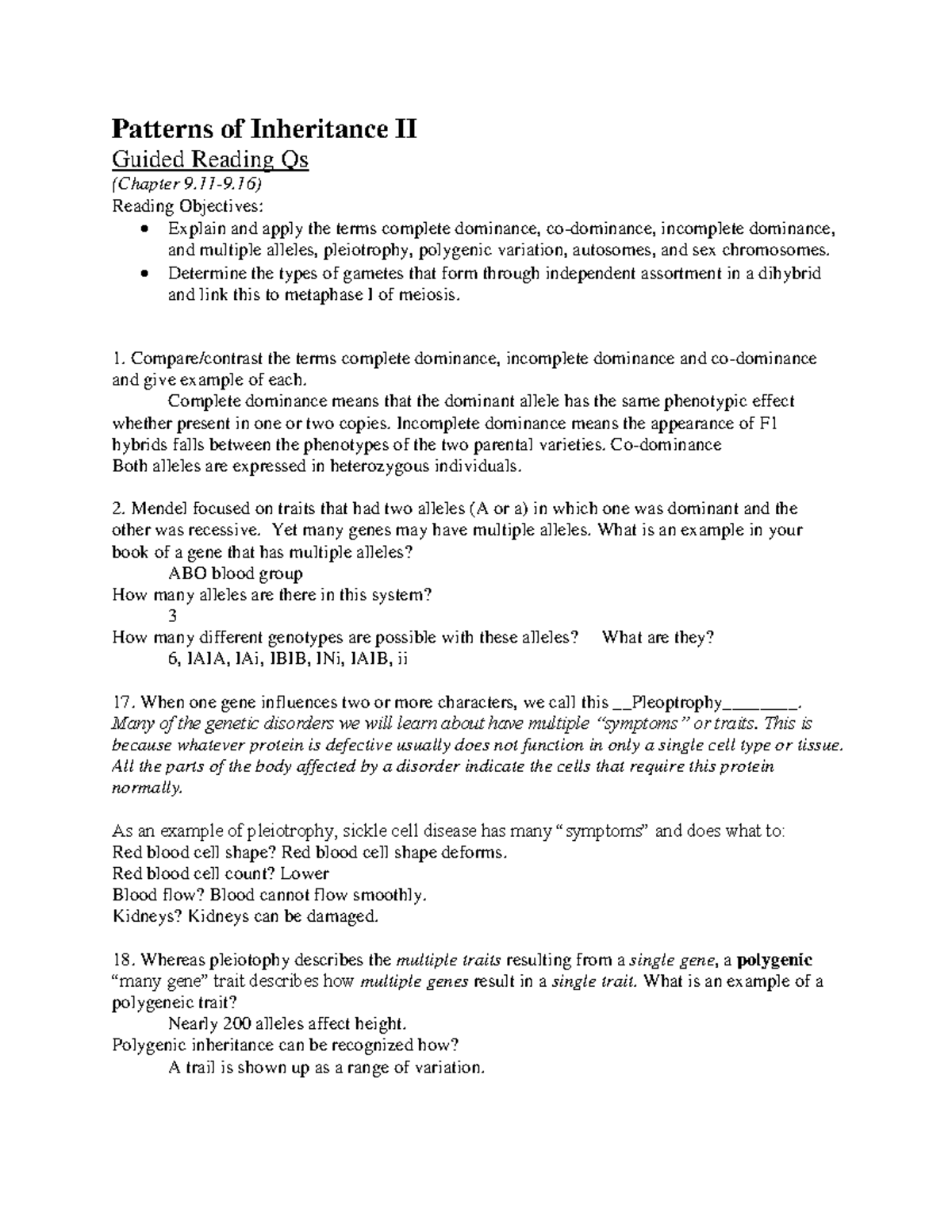 L12 GRQs Patterns in Inheritance II - Patterns of Inheritance II Guided Reading Qs (Chapter 9.11 ...