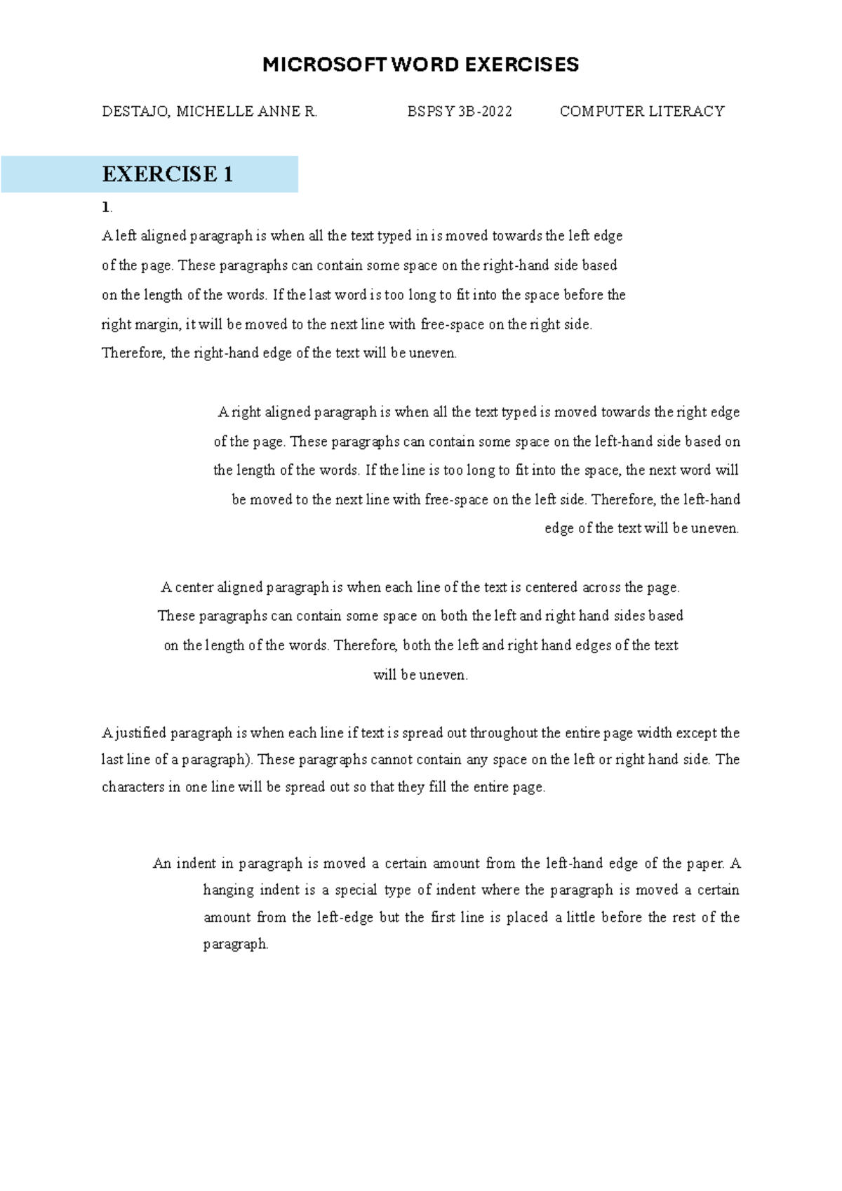 Comlit- MS WORD Exercises - DESTAJO, MICHELLE ANNE R. BSPSY 3B- 2022 ...