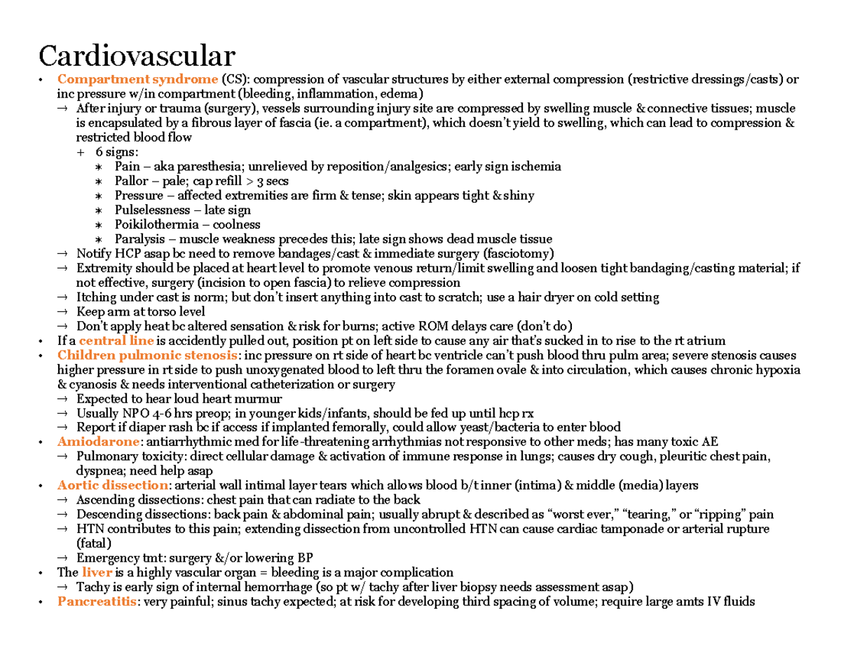 Cardiovascular - notes - Cardiovascular Compartment syndrome (CS ...