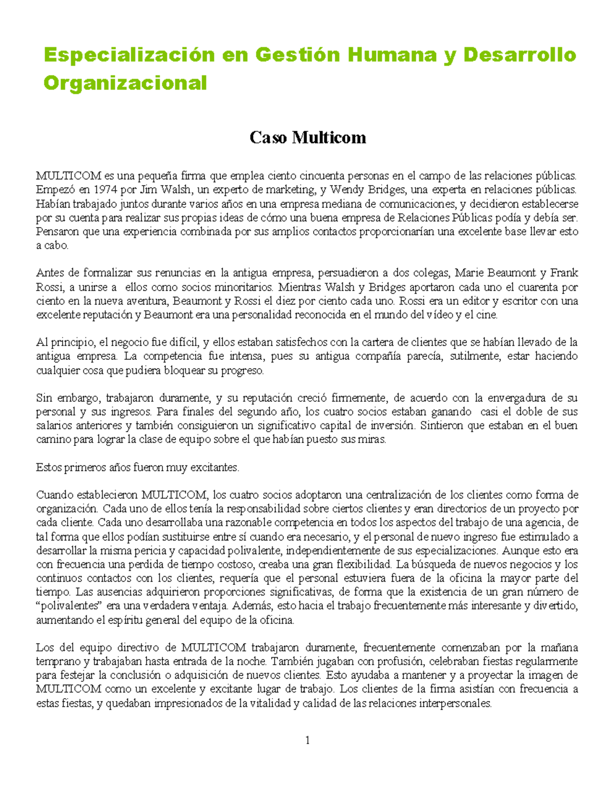 Caso Empresarial - Especialización en Gestión Humana y Desarrollo Organizacional Caso Multicom ...
