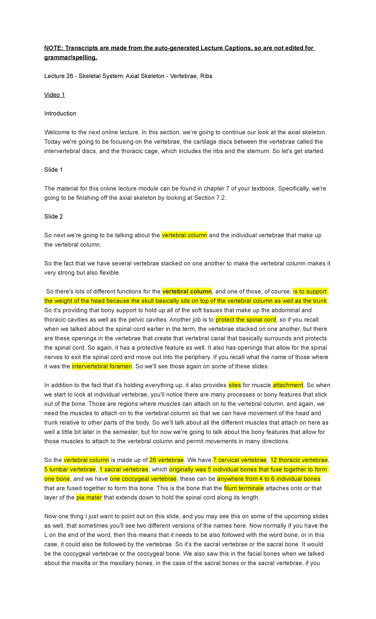 Lecture 26 - Skeletal System- Axial Skeleton - Vertebrae, Ribs - NOTE ...