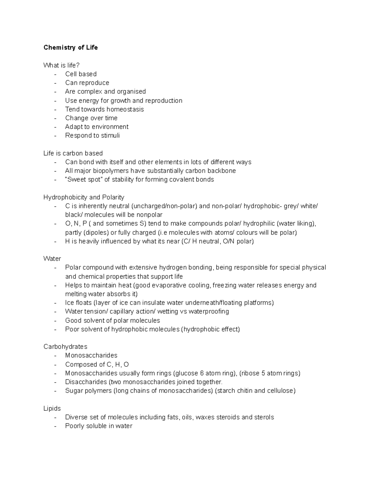 Bio1007 - notes - Chemistry of Life What is life? - Cell based - Can ...