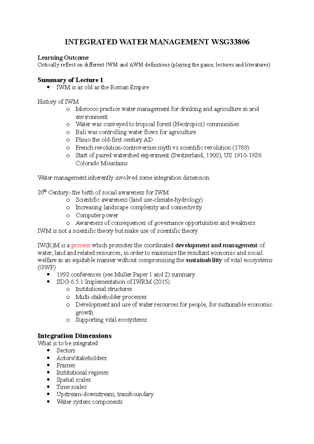 INTEGRATED WATER MANAGEMENT Notes Summary Week 1 and 2 - Integrated ...