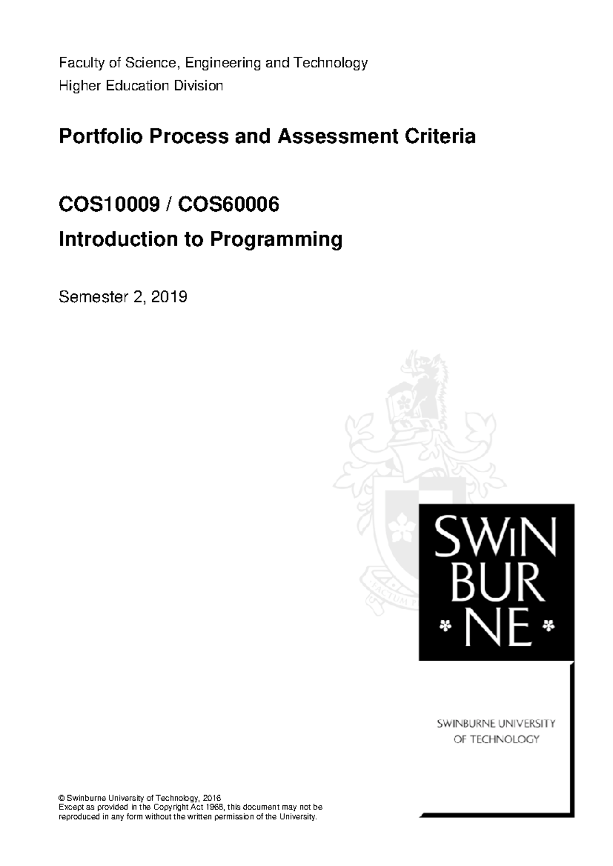 COS10009-COS60006 Portfolio Process and Assessment Criteria - Faculty ...