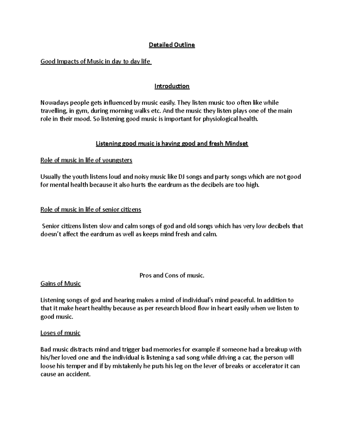 Detailed outline deep - Detailed Outline Good Impacts of Music in day ...