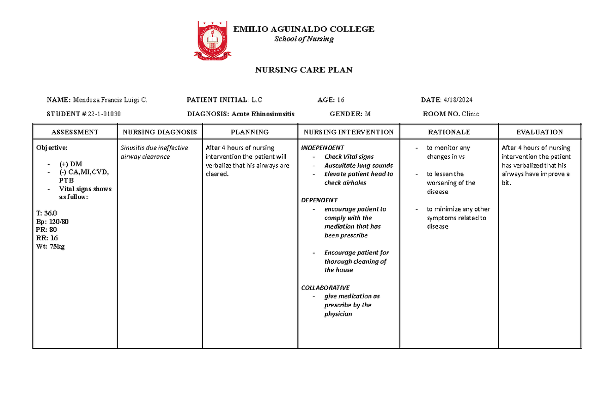 NCP-Template Clinic - EMILIO AGUINALDO COLLEGE School of Nursing ...