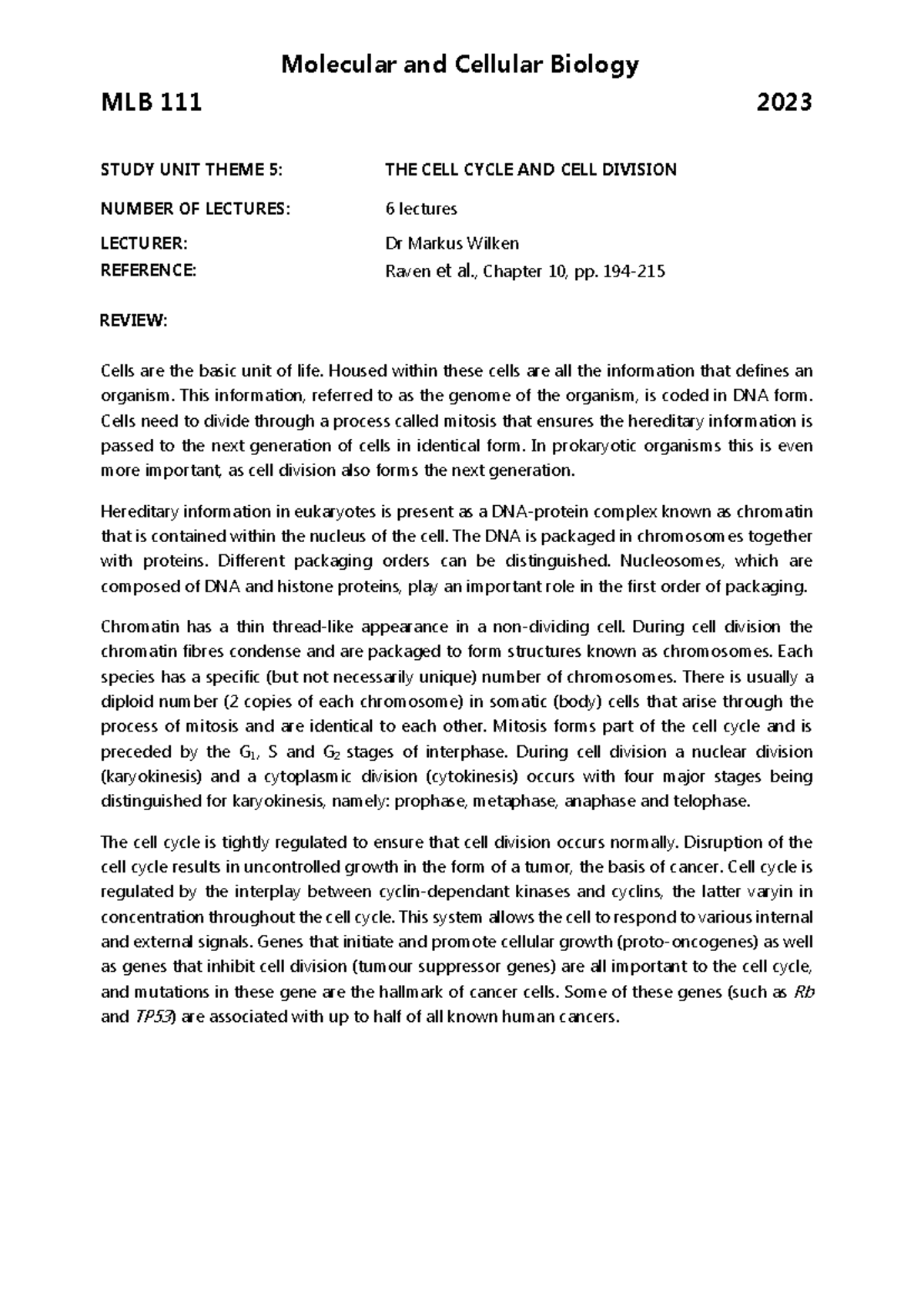 LU5- Learning Outcomes - Molecular and Cellular Biology MLB 111 2023 ...