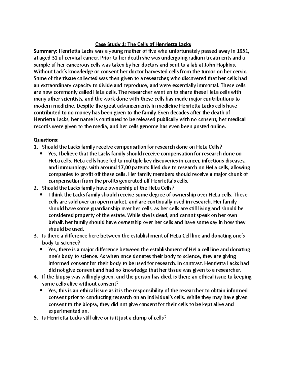 Lab report 1 - Case Study 1: The Cells of Henrietta Lacks Summary ...