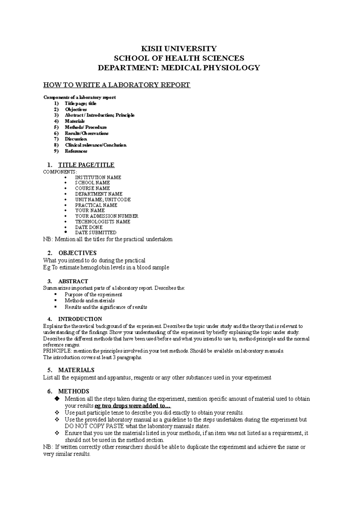 HOW TO Write A Laboratory Report - KISII UNIVERSITY SCHOOL OF HEALTH ...