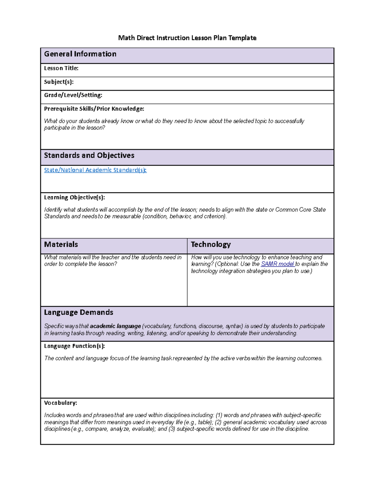 Lesson plan template - images for questions - Math Direct Instruction ...