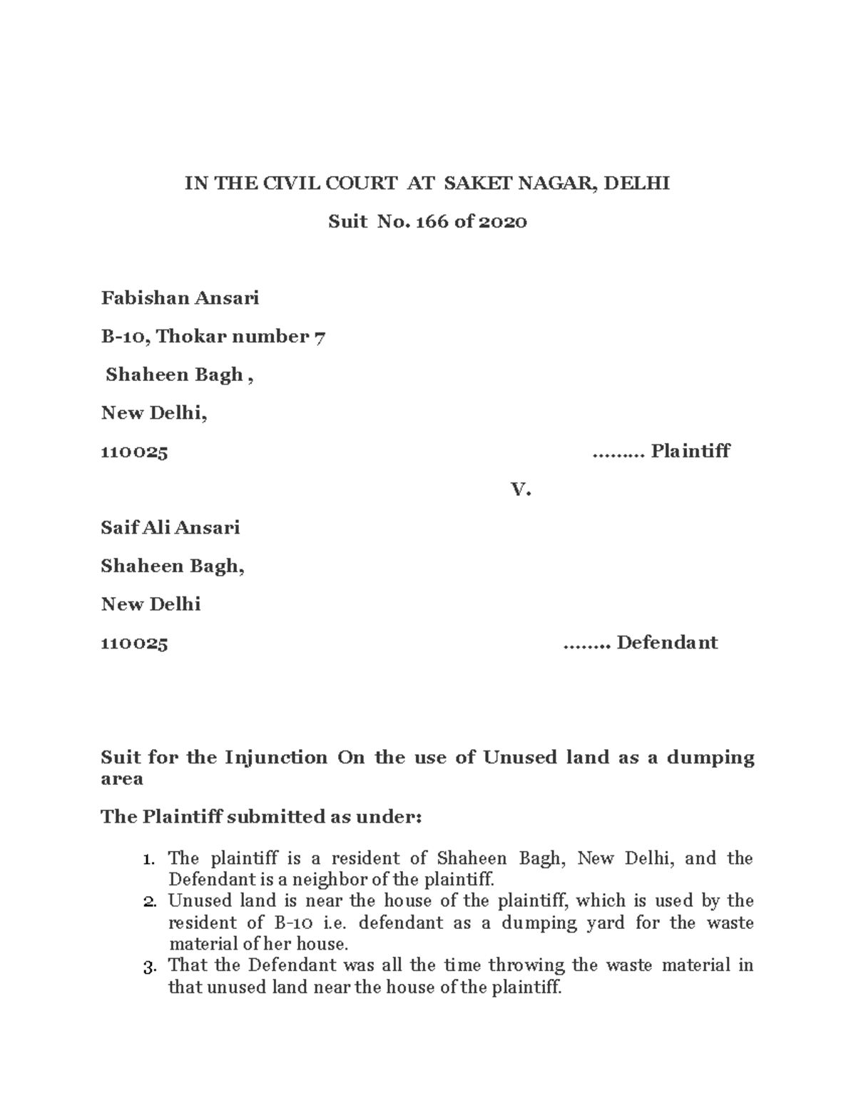 Submission 4 on plaint on dpc - IN THE CIVIL COURT AT SAKET NAGAR ...