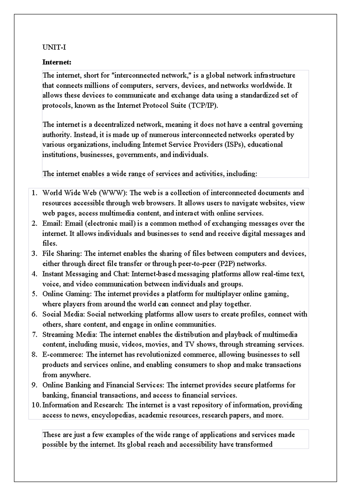 MST - UNIT-I Internet: The internet, short for "interconnected network ...