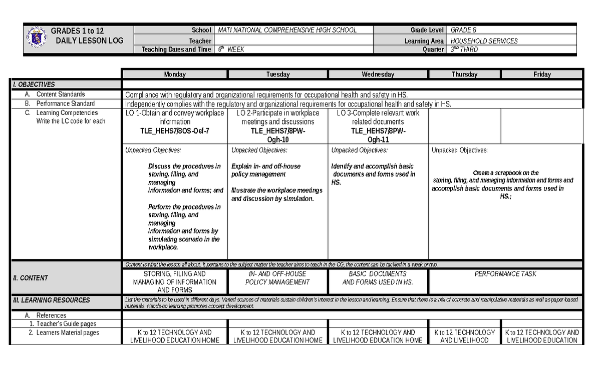 Q3 Household WEEK 6 - GRADES 1 to 12 DAILY LESSON LOG School MATI ...