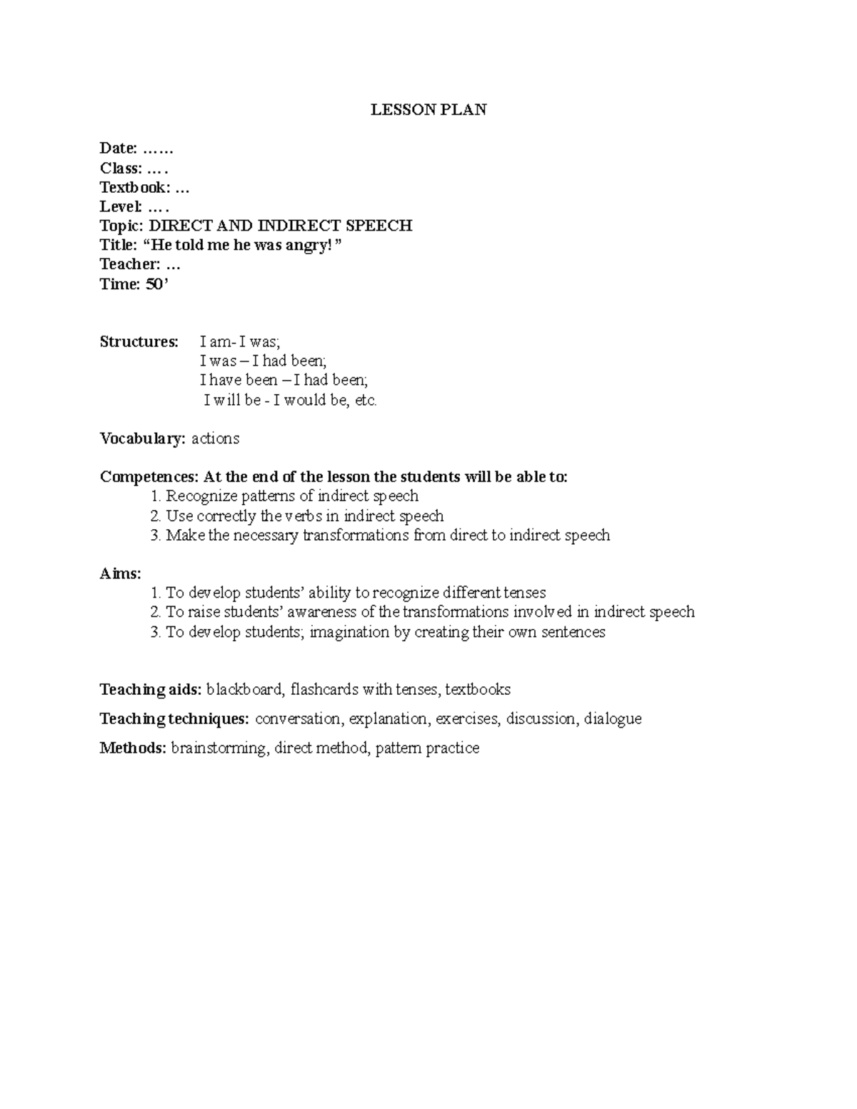 Lesson PLAN direct speech - LESSON PLAN Date: ...... Class ...