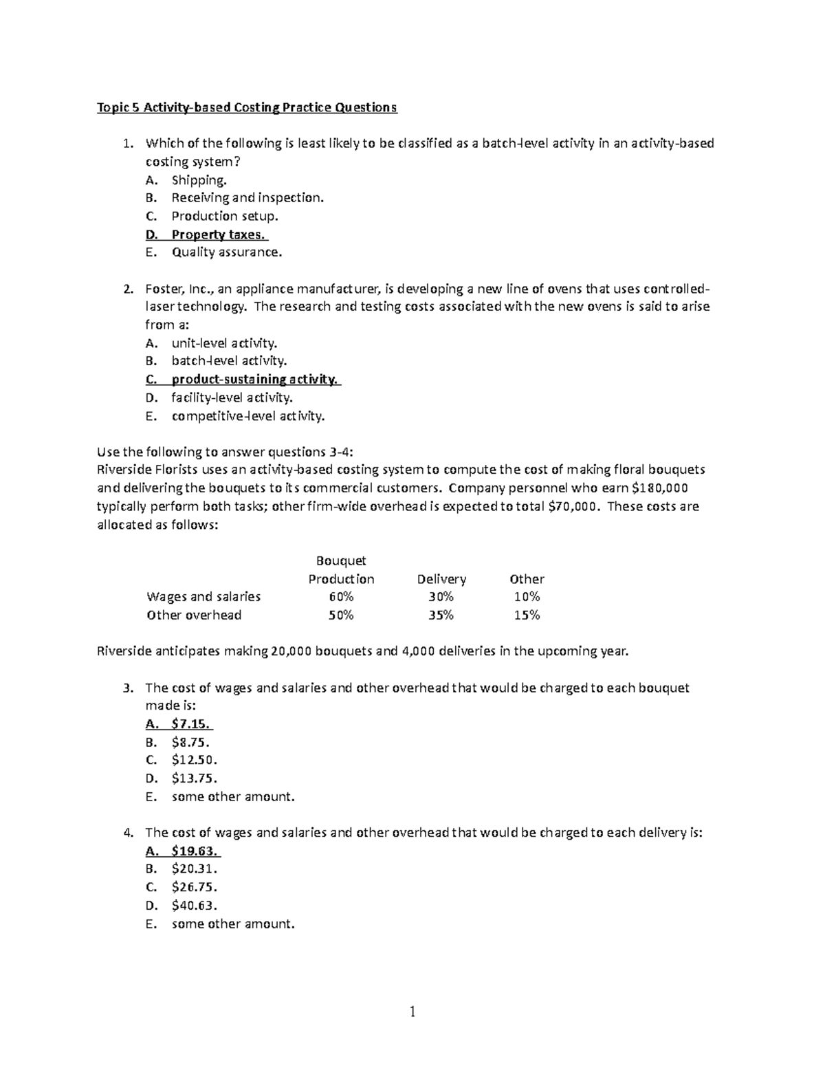 Topic 5 Activity-based Costing Practice Questions with Ans - Topic 5 ...