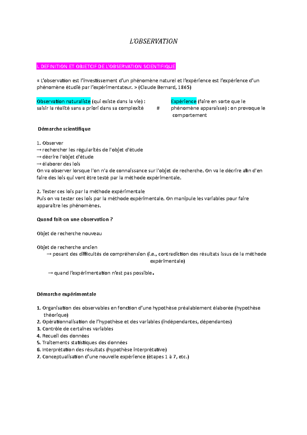 Chapitre 2 - L'observation - L'OBSERVATION I. DEFINITION ET OBJETCIF DE ...
